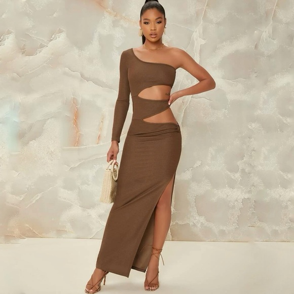 Dresses | One Long Sleeve Cutout Tan Shine Stretch Fabric Ring Detail ...